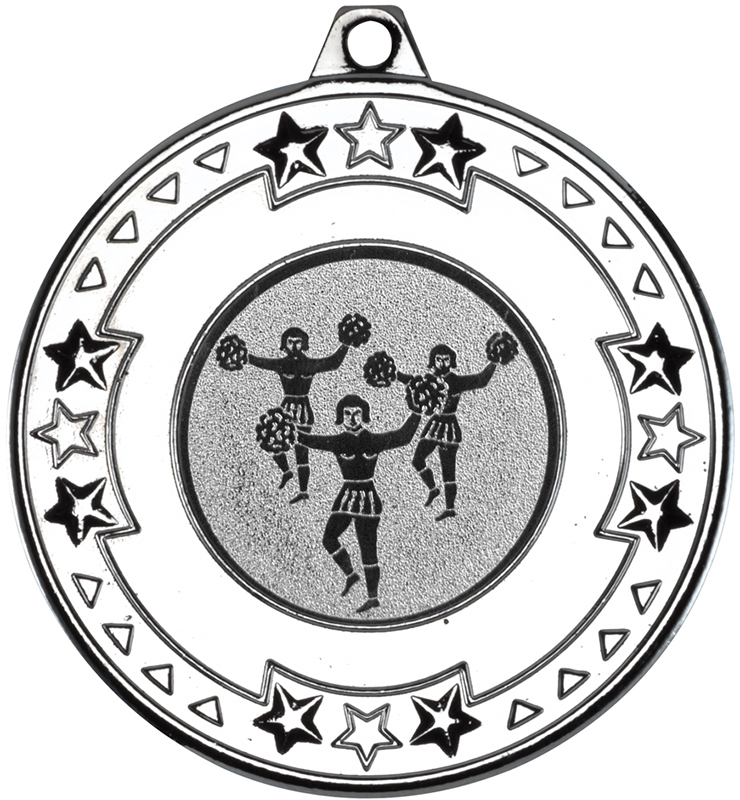 Silver Star & Pattern Medal with 1" Cheer Leading Centre Disc 50mm (2")